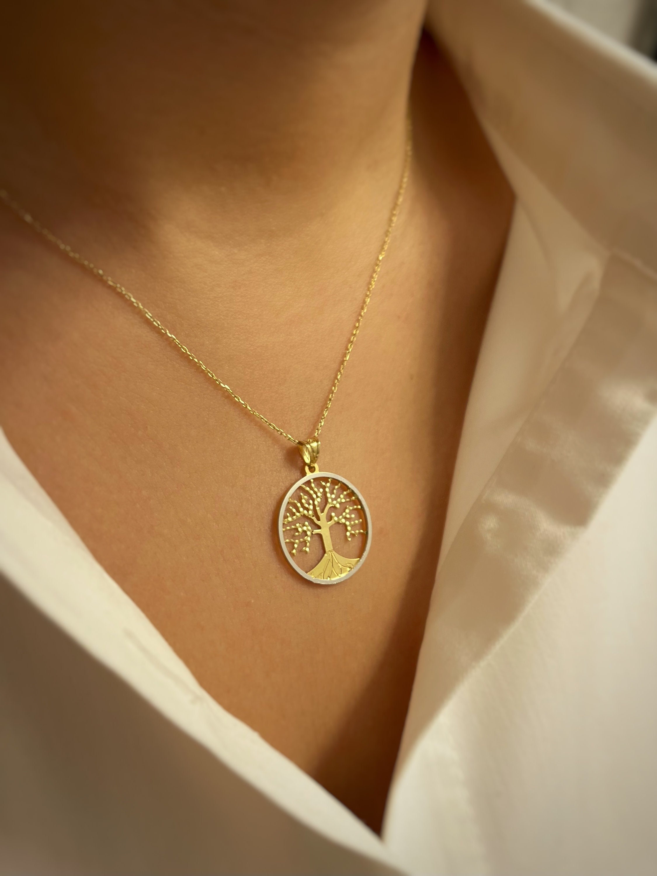14K Solid Gold Tree of Life With White Gold Circle Necklace / Jewelry ...