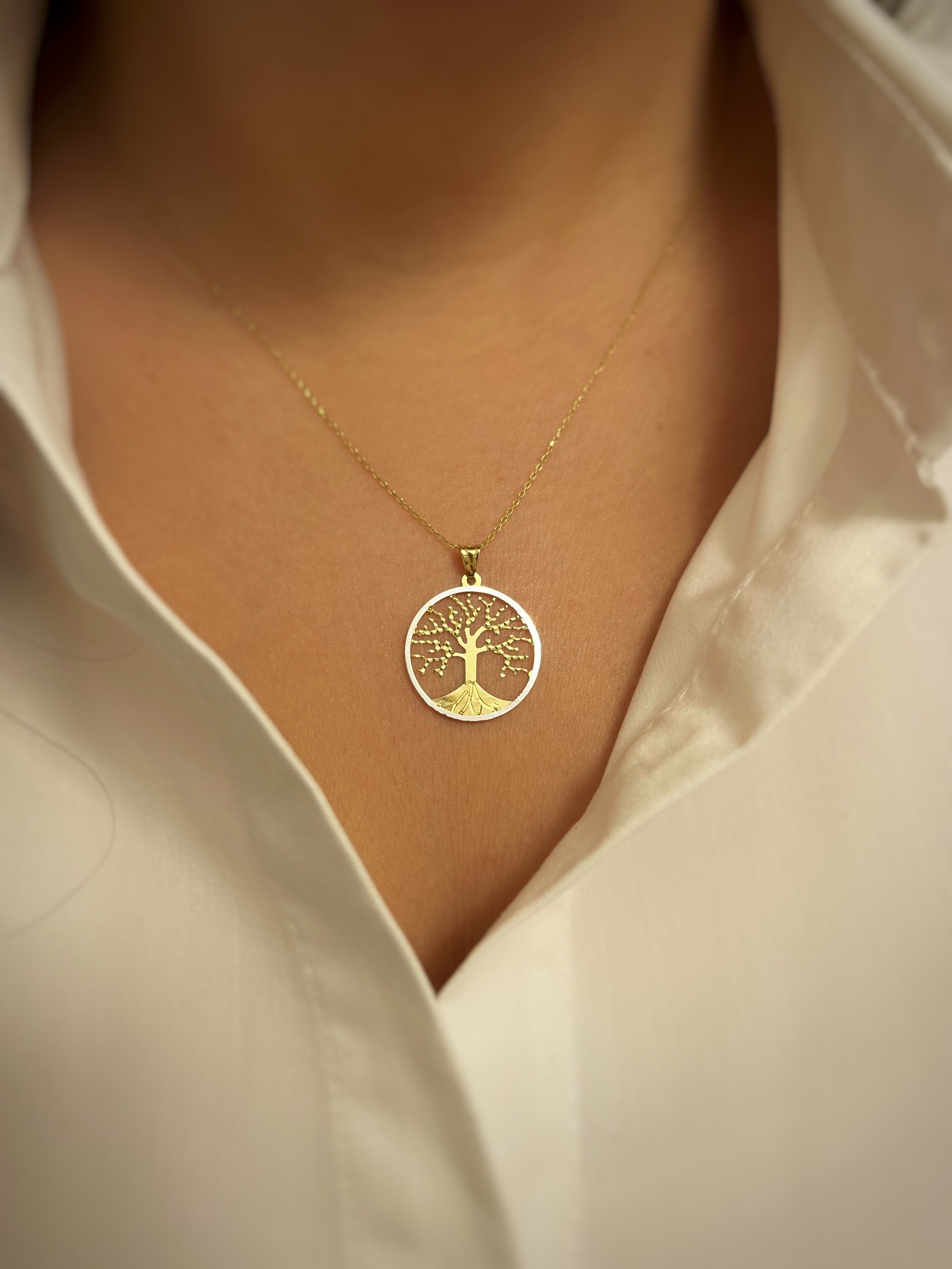 14K Solid Gold Tree of Life With White Gold Circle Necklace / Jewelry ...