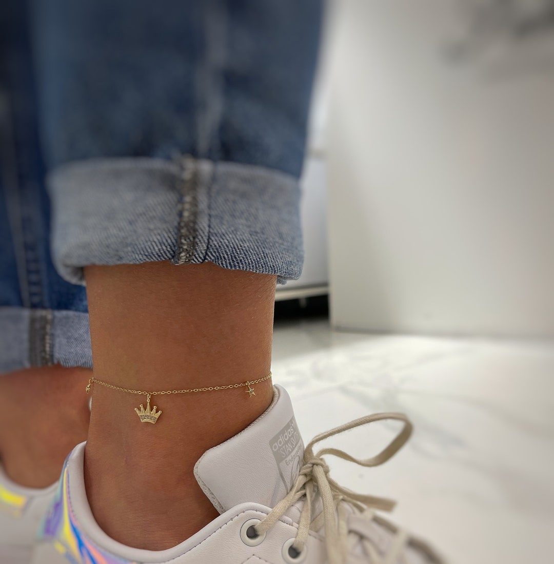 14K Solid Gold Anklet With Crown and Stars / Crown Anklet / Gold Anklet ...