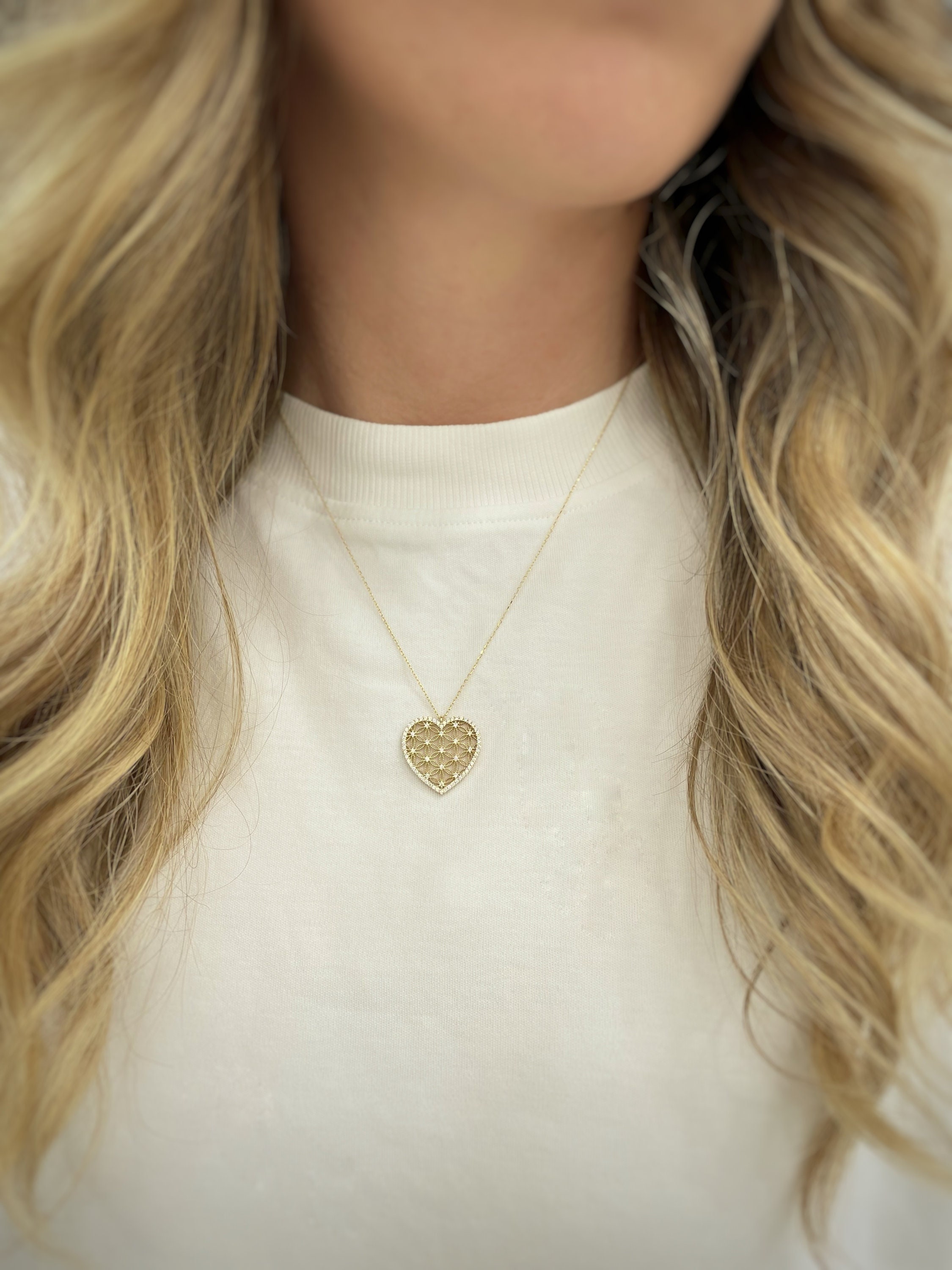 14K Solid Gold Flower of Life Necklace / 14K Solid Gold Heart-shape ...