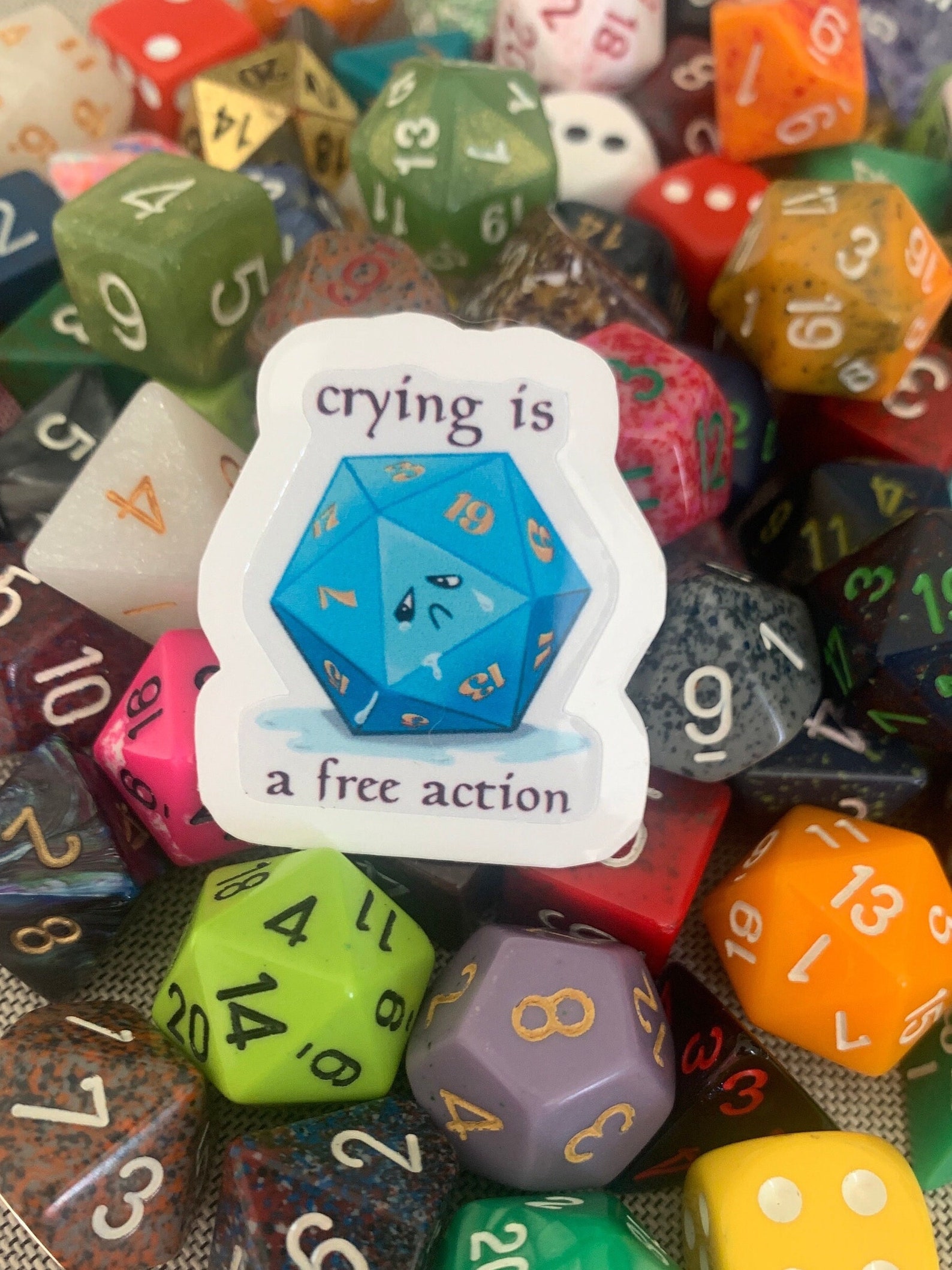Crying is a Free Action - Crying D20 | Cute TTRPG Sticker | Original ...
