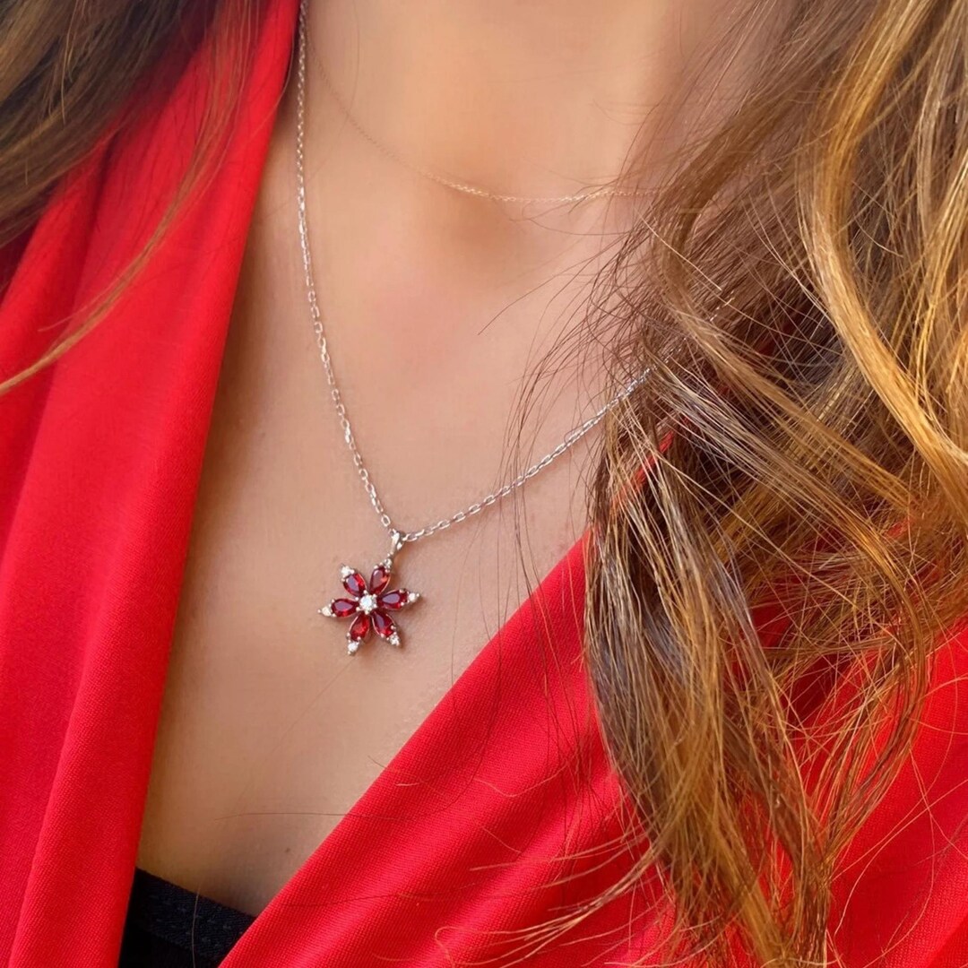 Silver Ruby Flower Charm Necklace, Gold Ruby Daisy Pendant, Floral ...