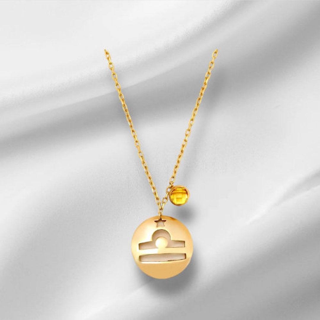 14K Solid Gold Zodiac Sign Birthstone Charm Necklaces, Custom Libra ...