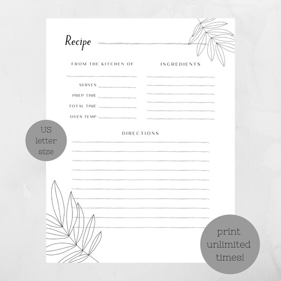 Recipe Template PDF Recipe Template Recipe Binder Printable - Etsy