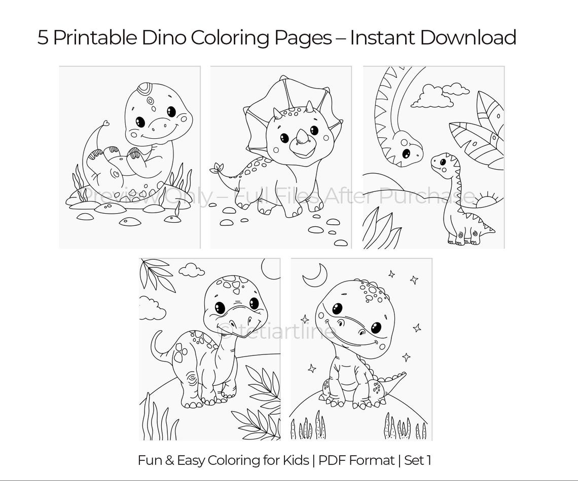 Cute Dino Coloring Pages for Kids – 5 Printable Sheets – Fun & Easy ...