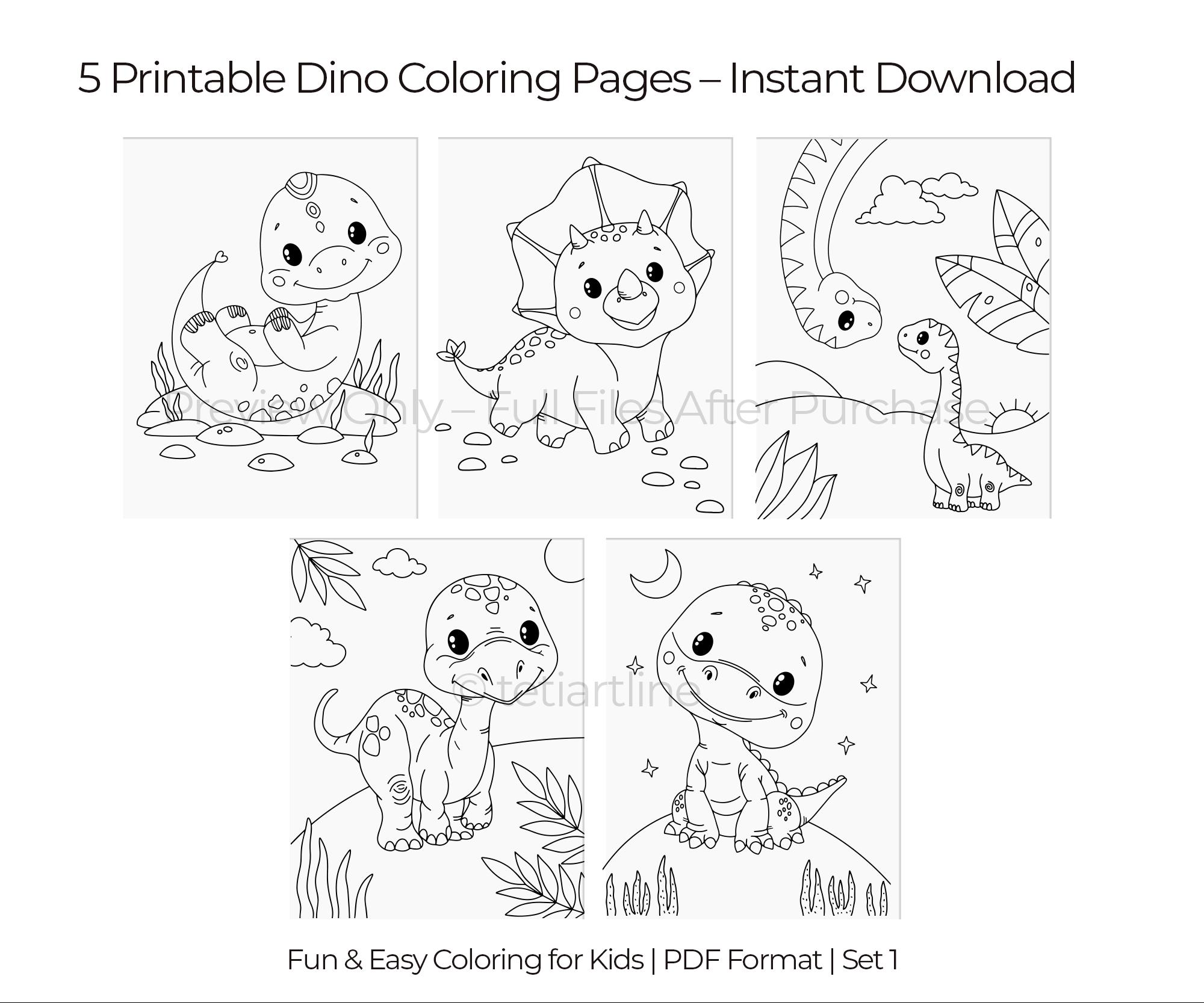 Cute Dino Coloring Pages for Kids – 5 Printable Sheets – Fun & Easy ...