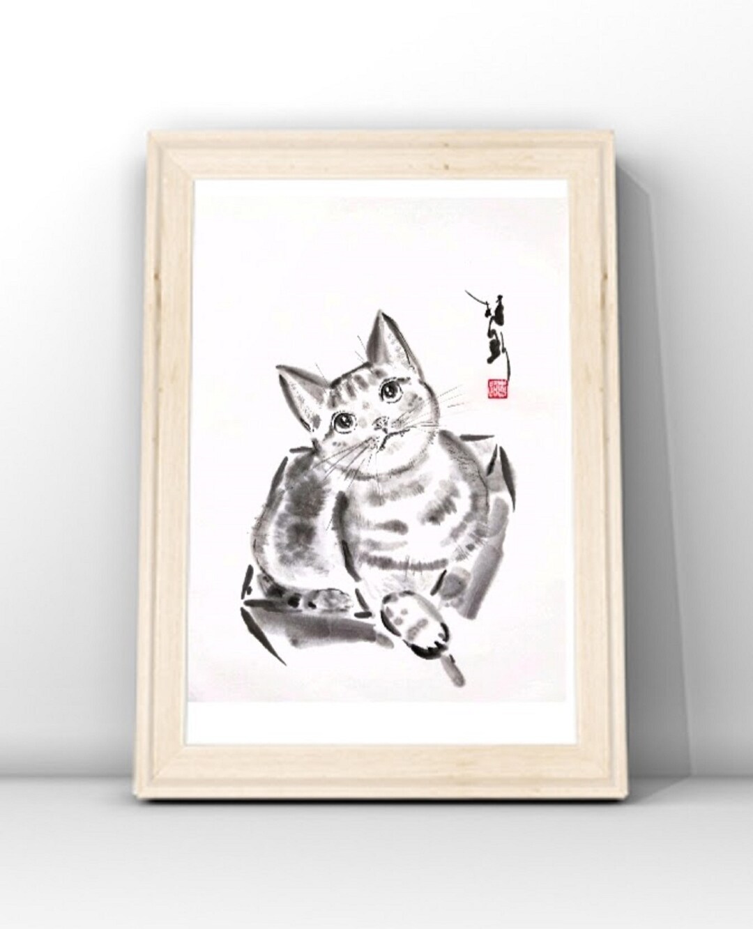 Original Cats SUMIE "cat in a Box", My Cat Heini, Japanese Ink Drawing ...