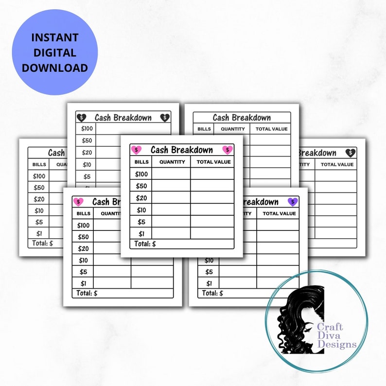 Cash Breakdown Card / Printable Bank Teller Slips / Cash - Etsy