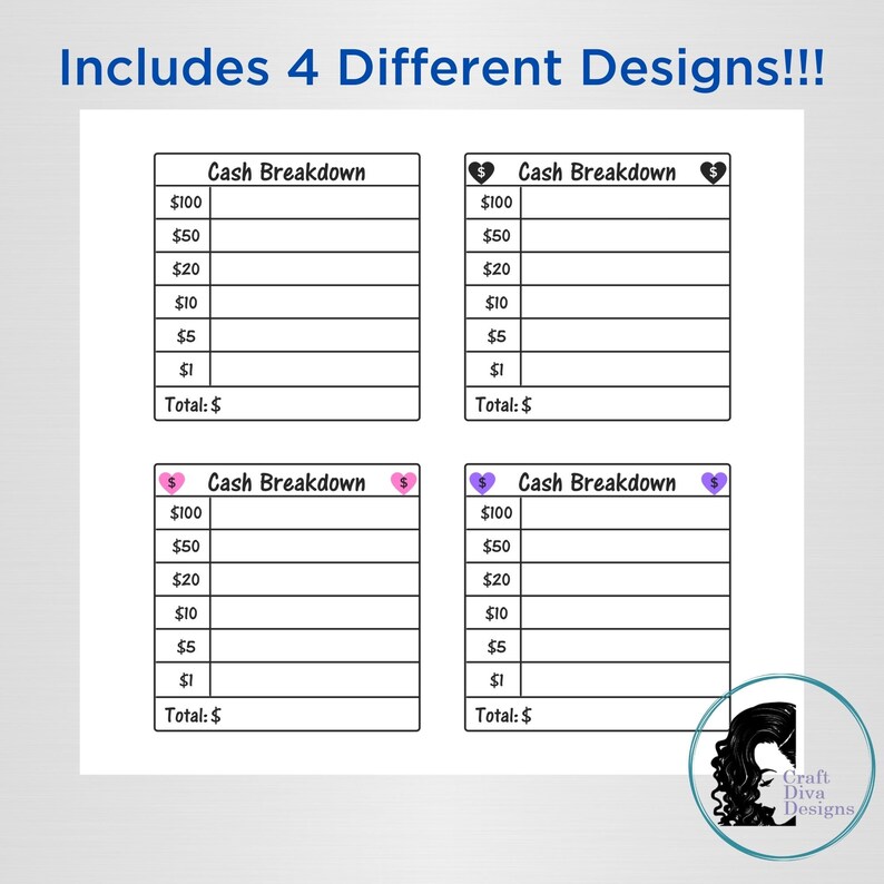Cash Breakdown Card / Printable Bank Teller Slips / Cash - Etsy