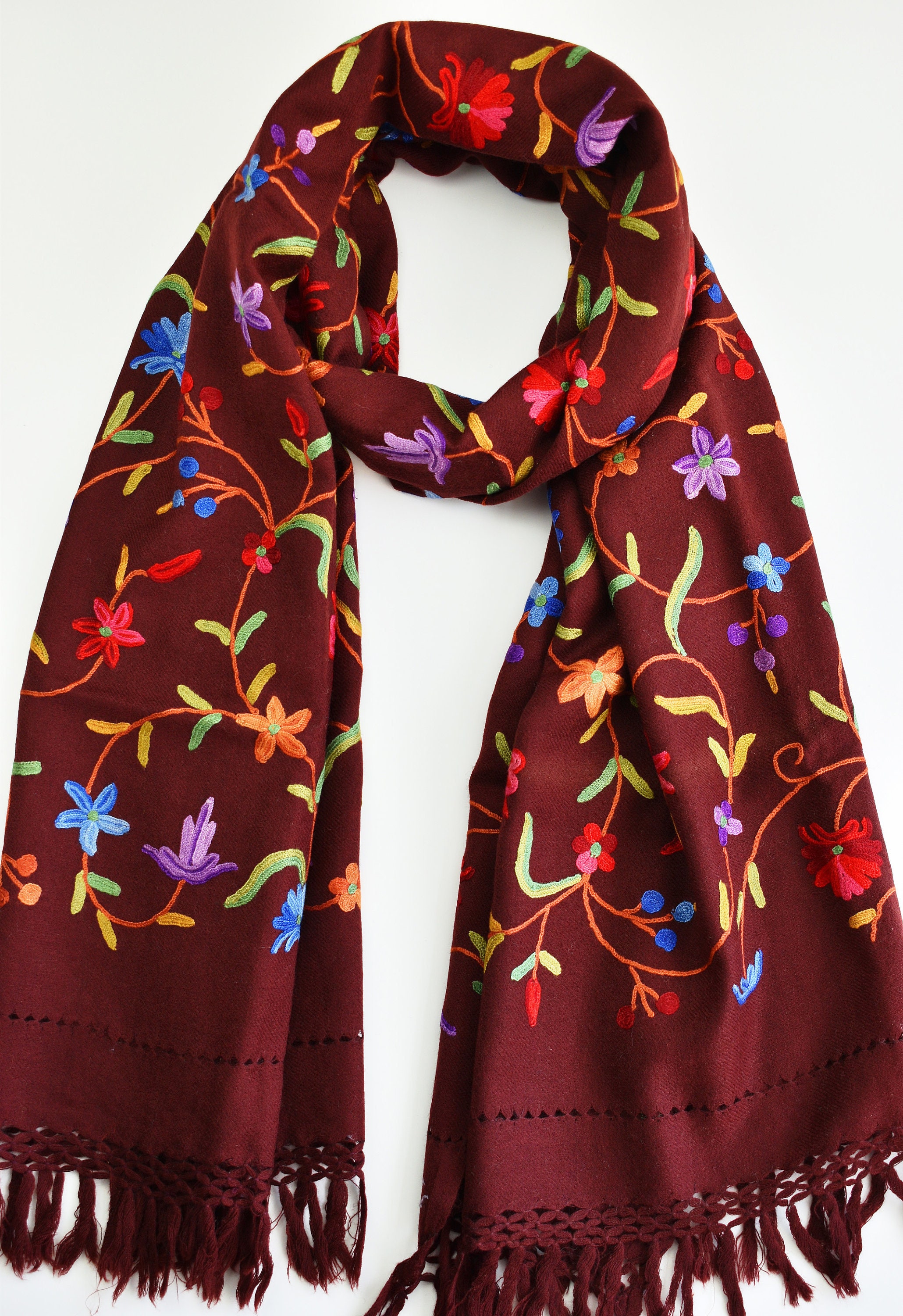 Maroon Hand Embroidered Women's Scarf, Kashmiri Ari Work Wrap/stole ...