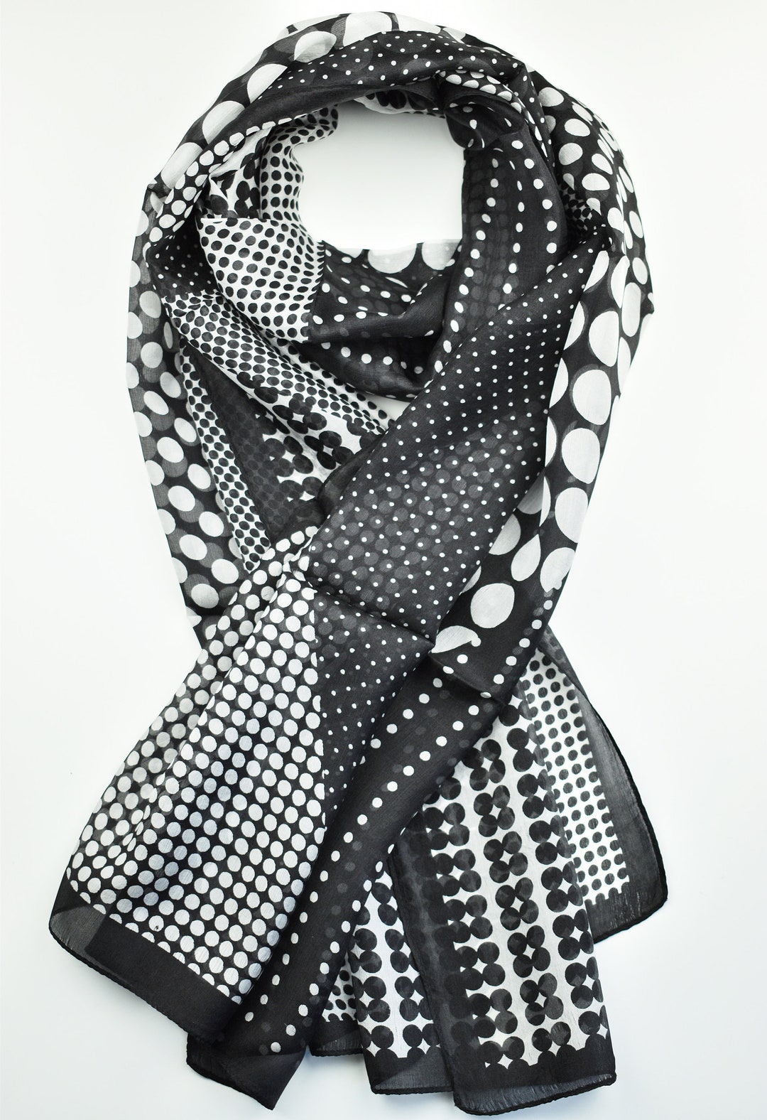 Black White Silk Scarf, Silk Designer Scarf, Boho Scarf, Gift for Mom ...