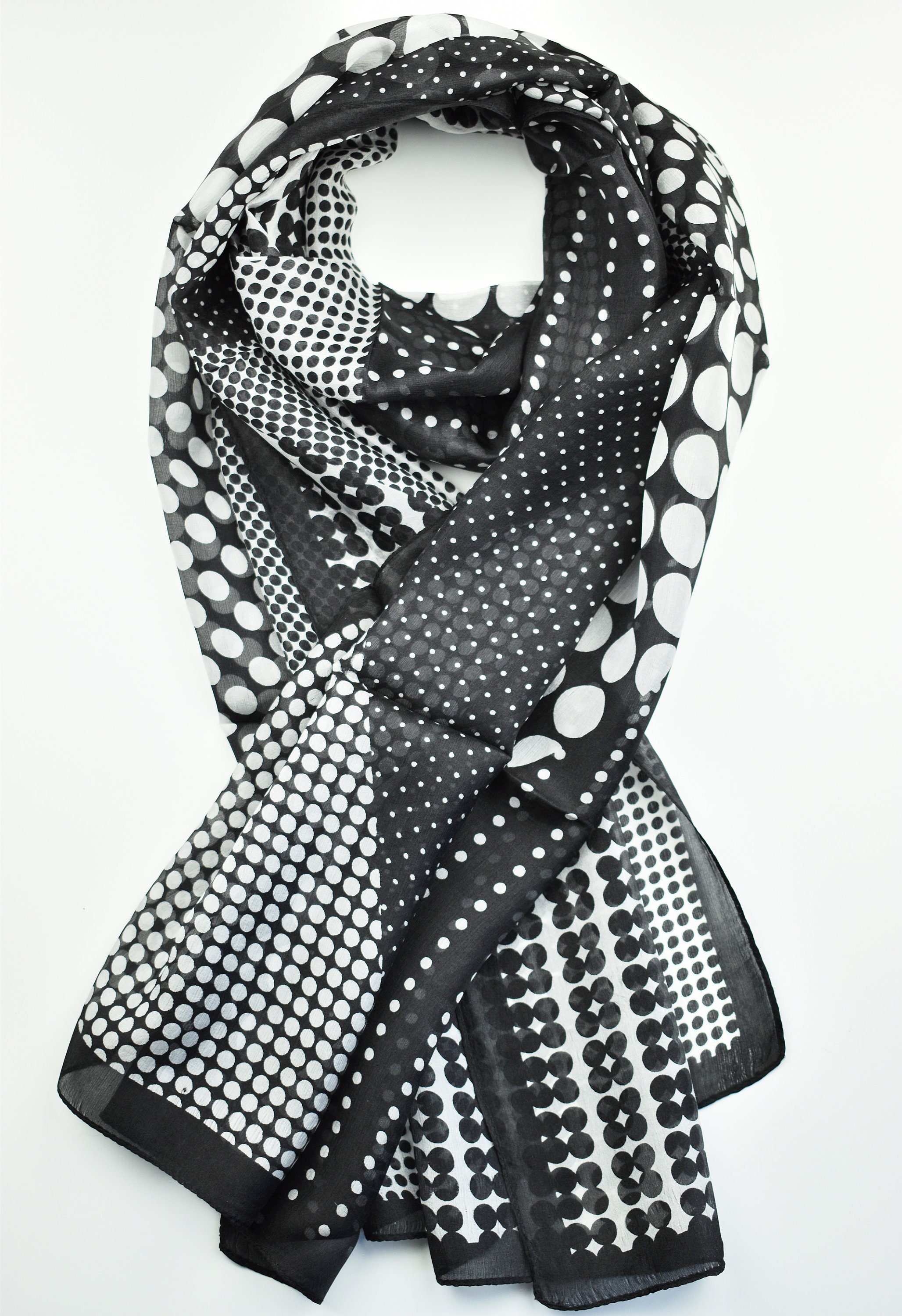 Black White Silk Scarf Silk Designer Scarf Boho Scarf Gift - Etsy