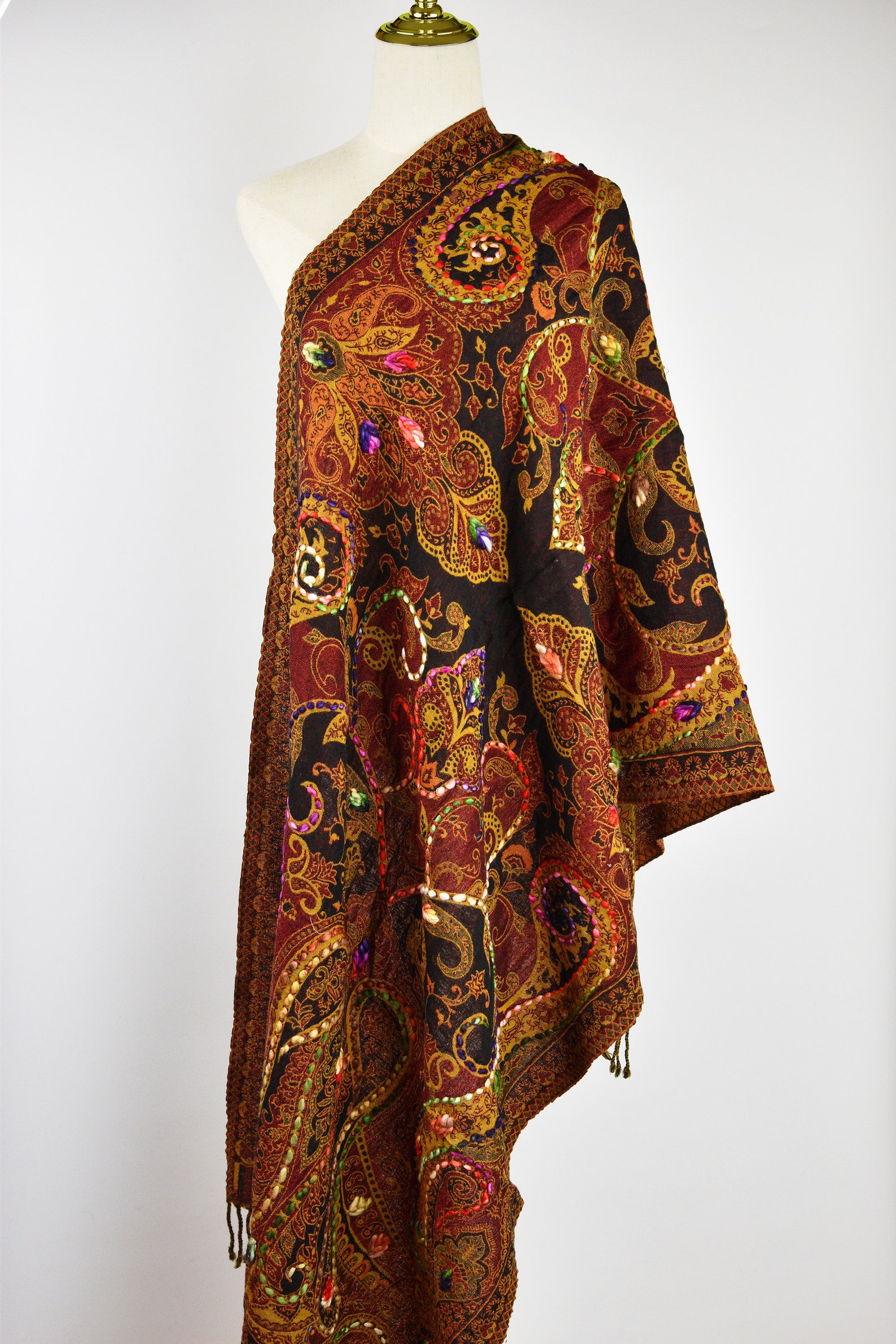 Red Boiled Wool Scarf: Embroidered Paisley Shawl, Kashmir Wrap - Etsy