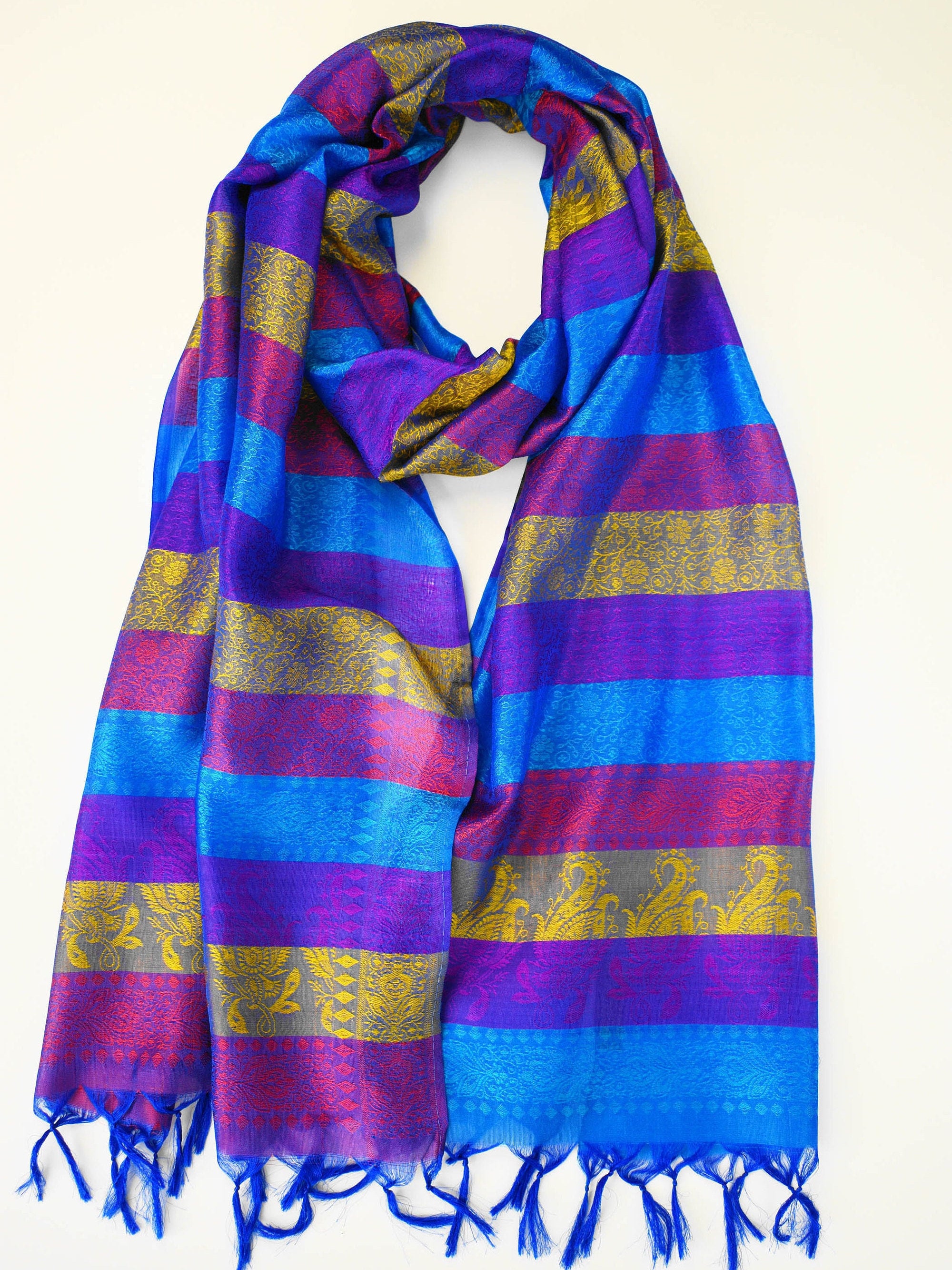 Blue Purple Striped silk scarves Bohemian Scarf Gift For | Etsy
