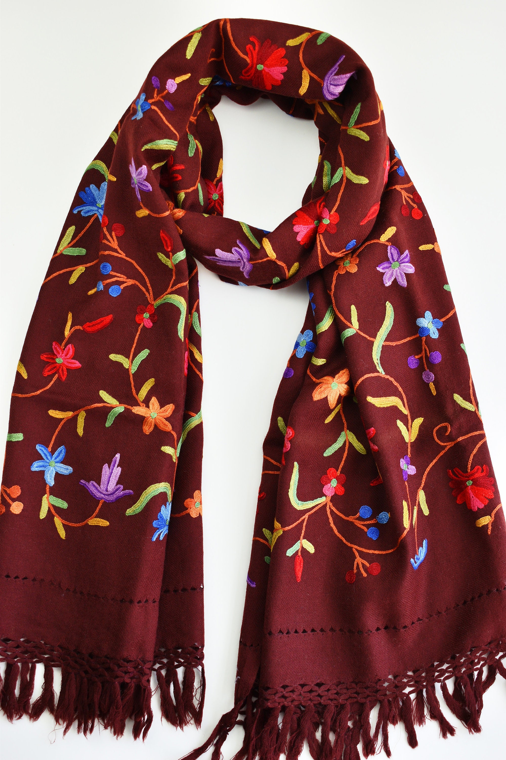 Maroon Hand Embroidered Women's Scarf, Kashmiri Ari Work Wrap/stole ...