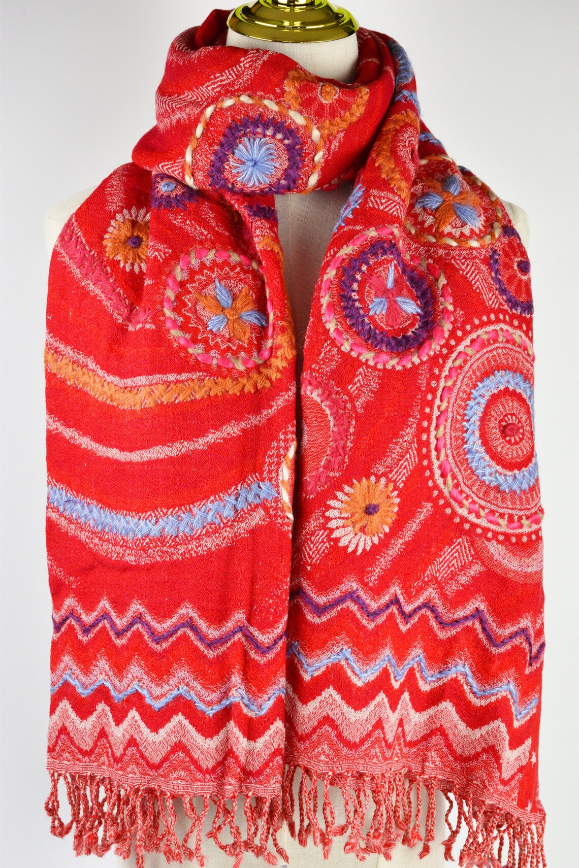Red Boiled Wool Scarf: Embroidered Paisley Shawl, Kashmir Wrap - Etsy