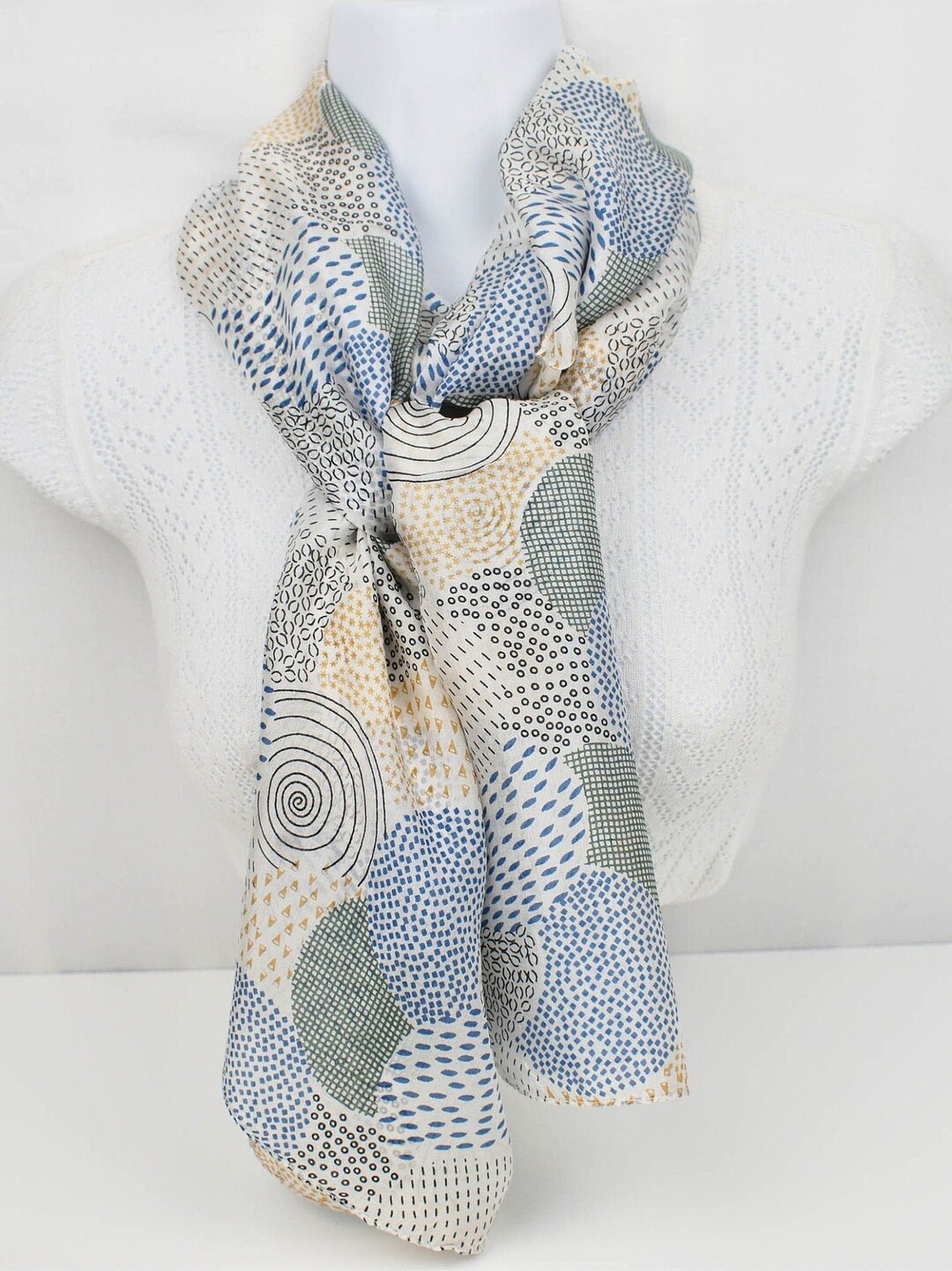 Cream/blue Long Silk Scarf, Women's Pure Silk Scarf 155cm X 50cm - Etsy