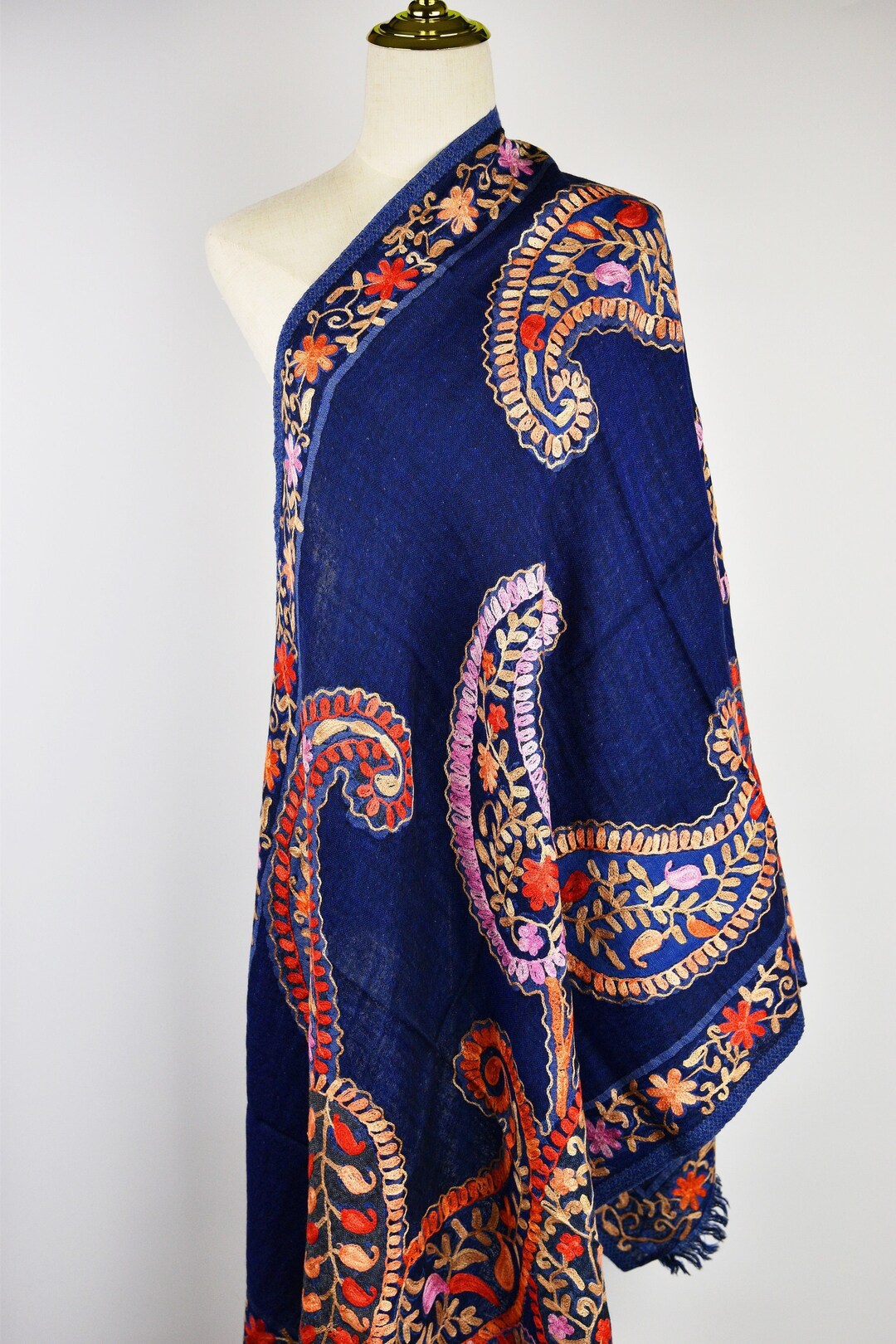 Blue Boiled Wool Scarf, Winter Wool Embroidered Scarf, Luxury Wool Wrap ...