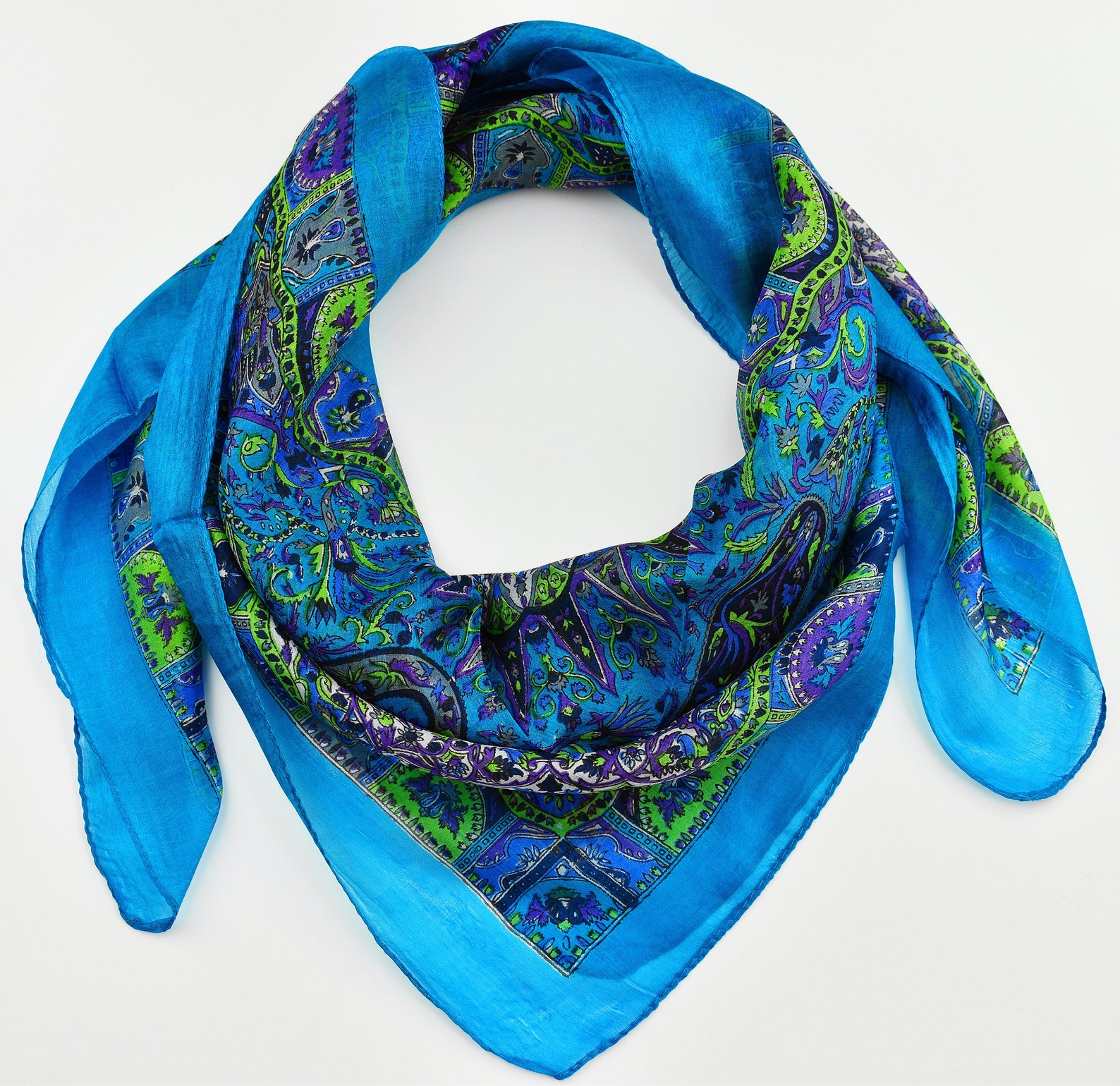 Turquoise Women's Silk Scarf Paisley Print Square Scarf - Etsy