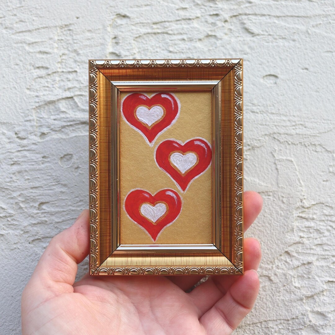 Heart Painting Three Red Heart Artwork Modern Original Art Gold ...
