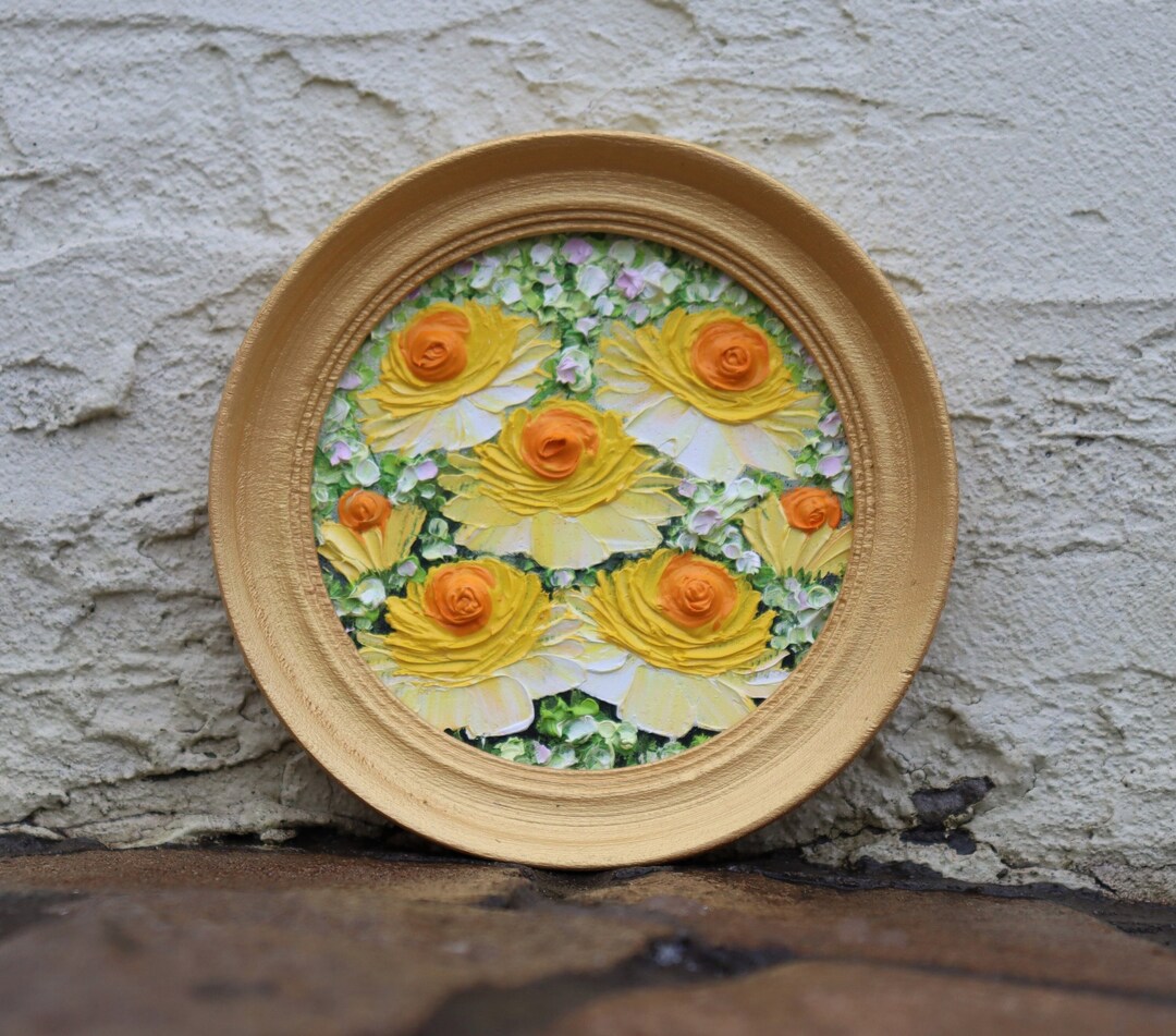 Roses Original Painting Round Miniature Yellow Rose Small Artwork ...