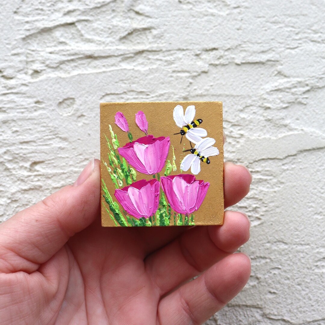 Bee Painting Tulip Pink Flower Mini Artwork Impasto Original Art - Etsy