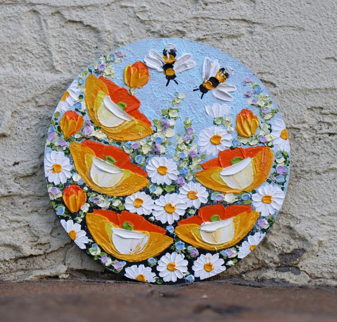 Bee Painting Miniature Bee on California Poppies Flower Painting Small ...
