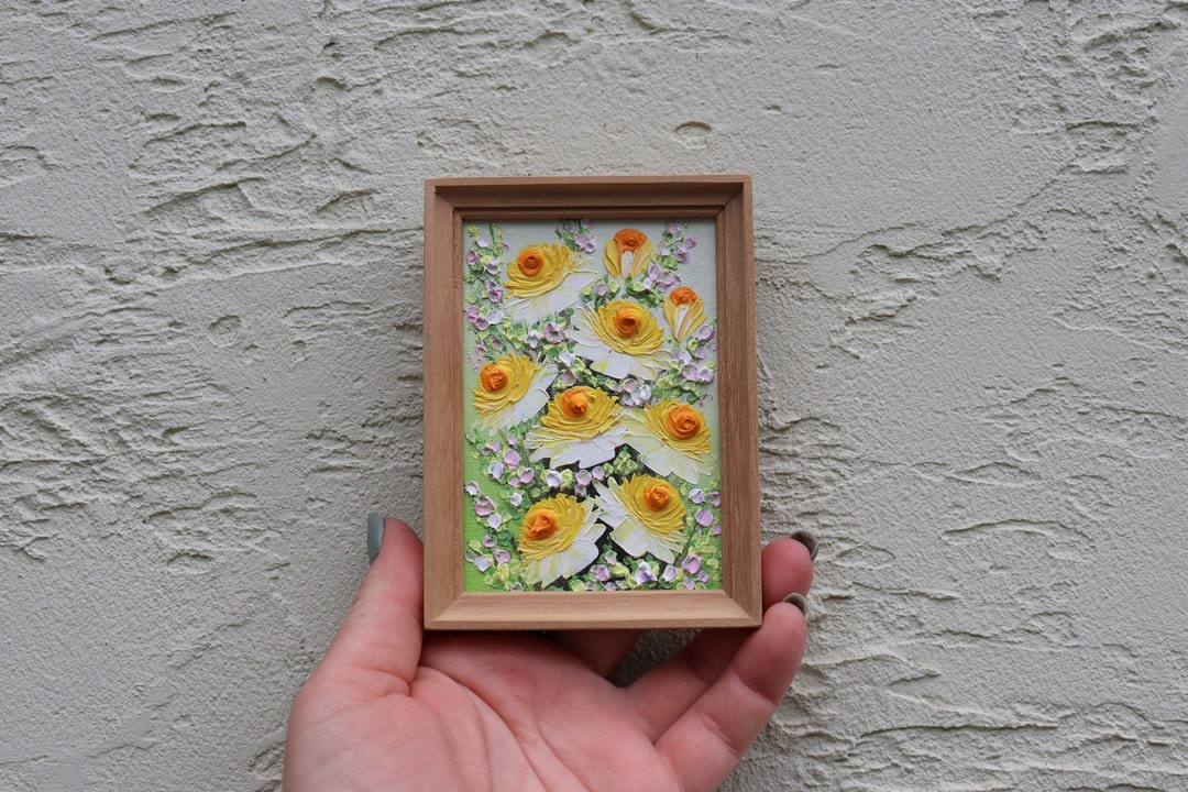 Roses Painting Framed Small Artwork Yellow Flowers Oil - Etsy