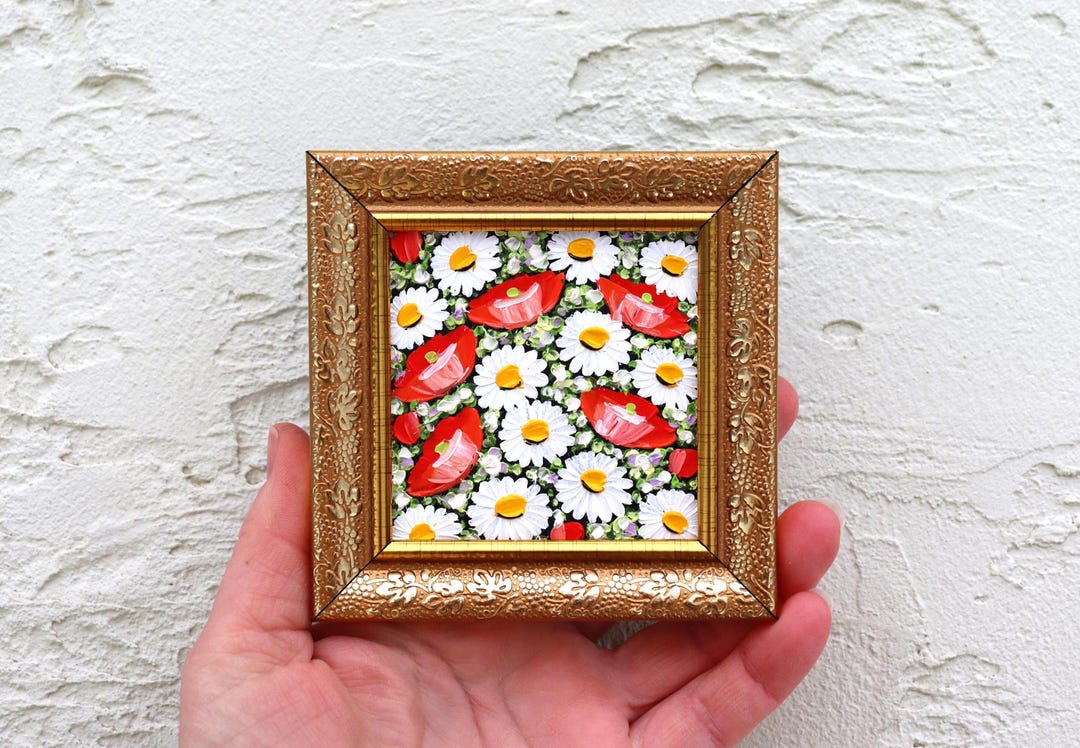 Daisy and Poppy Painting Miniature Art Oil Painting Red Poppies Flowers ...