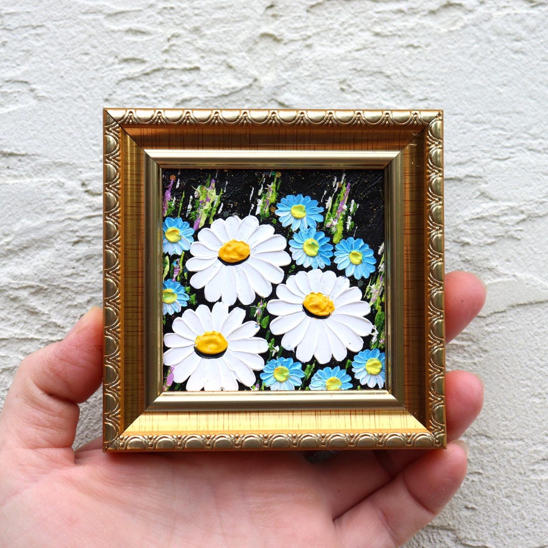 Daisy & Forget-me-not Oil Painting Original Miniature Floral Art Hand ...
