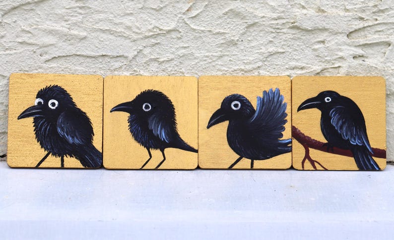 Portrait Crow Oil Painting Black Bird Hand-painted Round Frame 3.2х3.2 ...
