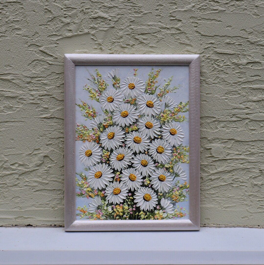 Daisy Original Art Painting Framed Bouquet Flowers White Daisies Original Artwork Impasto Oil ...