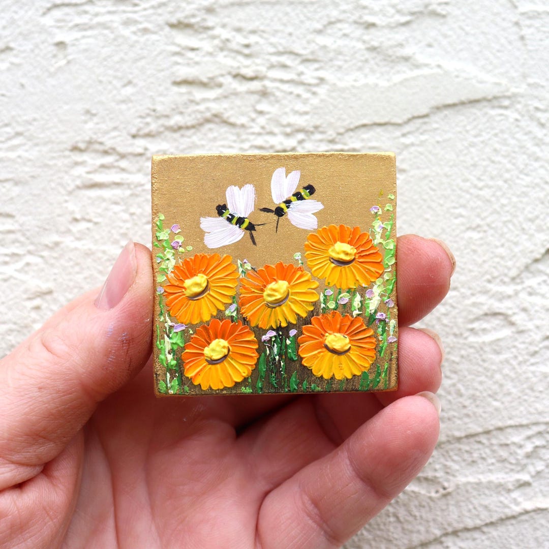 Honeybee Painting Calendula Flower Mini Painting Bee Small Yellow ...