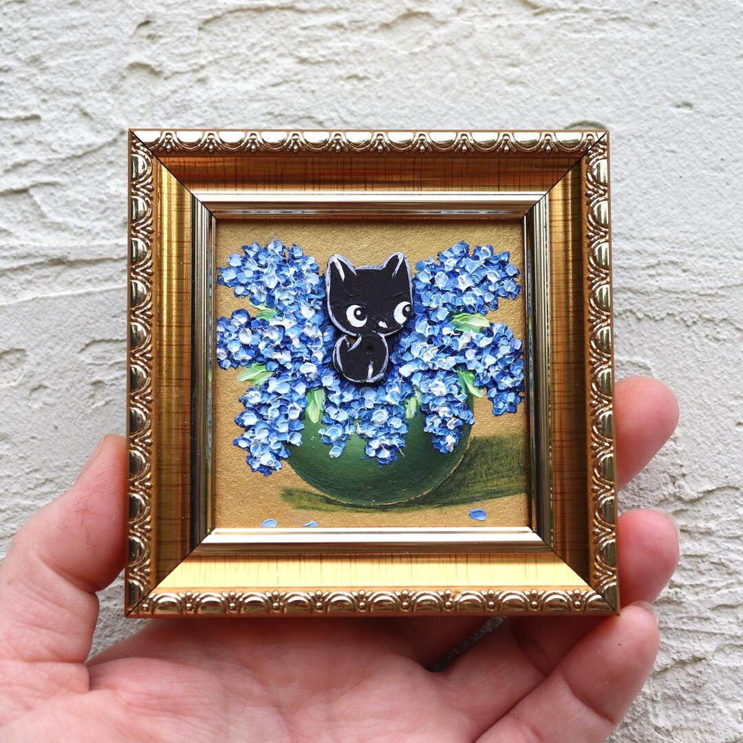 Forget-me-not Artwork Black Cat Painting Blue Oil Painting Small Flower ...