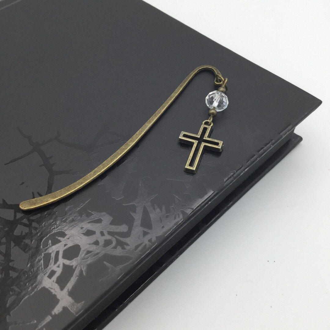 Bronze Cross Bookmark With Crucifix Charm and Clear Crystal Bead ...