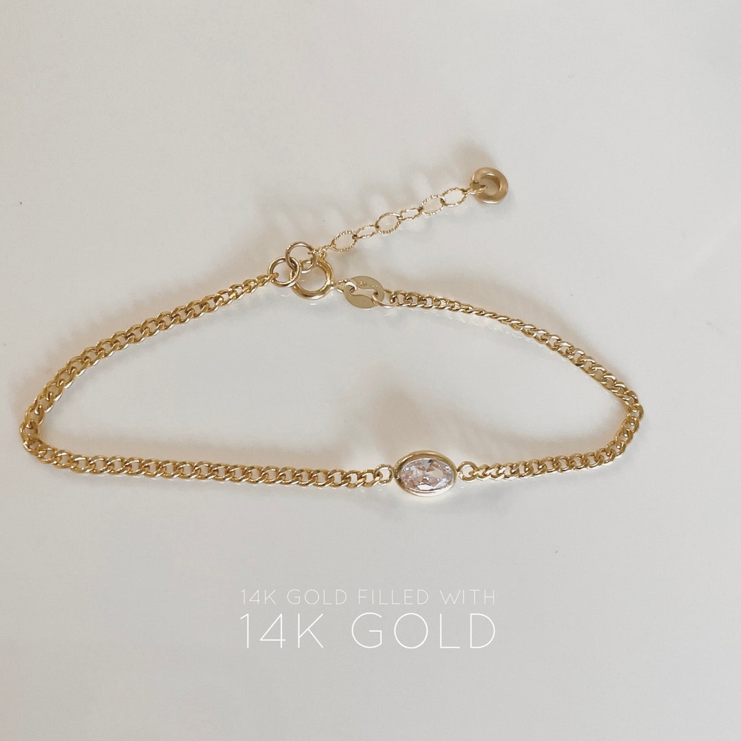 14KGF 2mm Cuban Curb Chain With Oval Diamond CZ Point Bracelet, Solitaire Curb Chain Bracelet, 1 ...