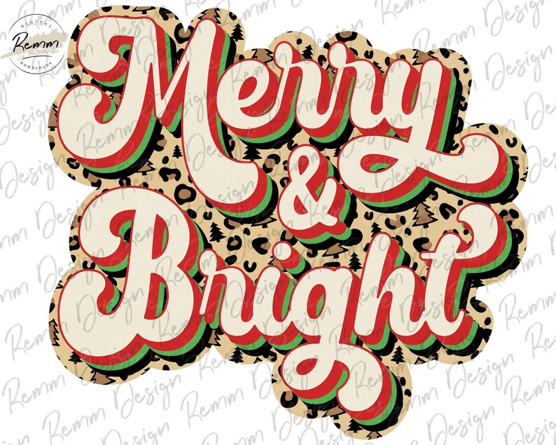 Merry and Bright Leopard Print Christmas PNG - Retro Sublimation Design ...