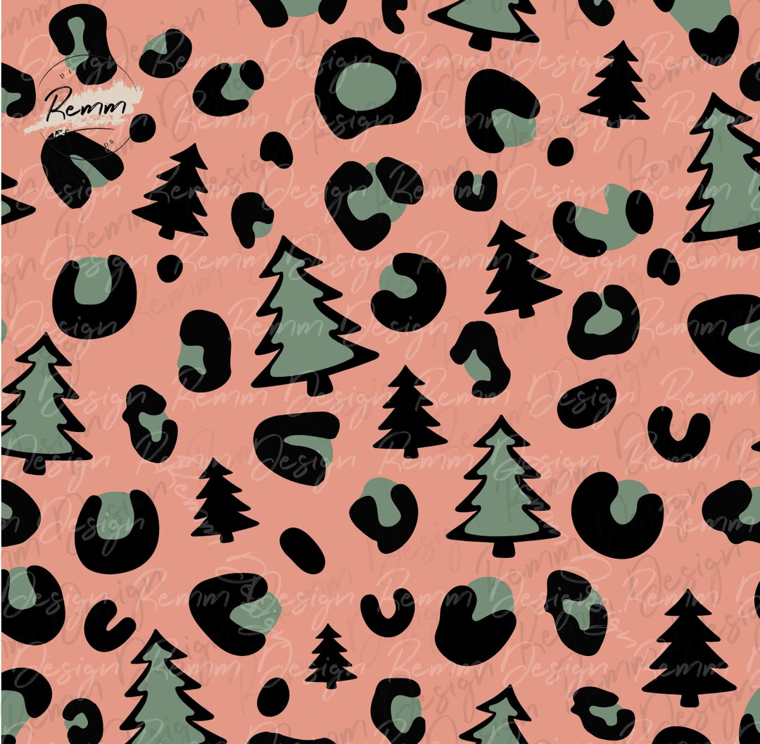 SEAMLESS Green Christmas Tree Png Pattern, Leopard Print Christmas ...