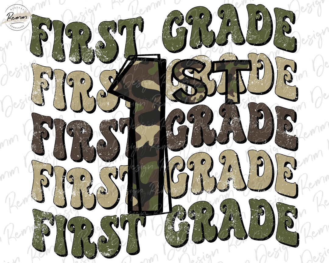 First Grade PNG, Boys Camo, Back to School Png Design, Retro Stacked ...