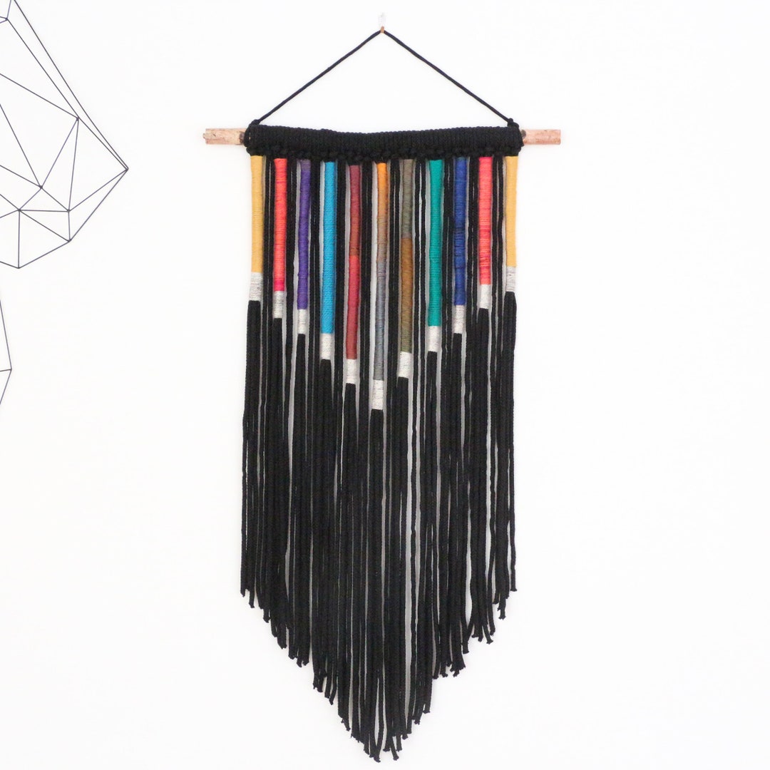 Black Macrame Wall Hanging With Bright Yarn Accents - Handmade Boho ...
