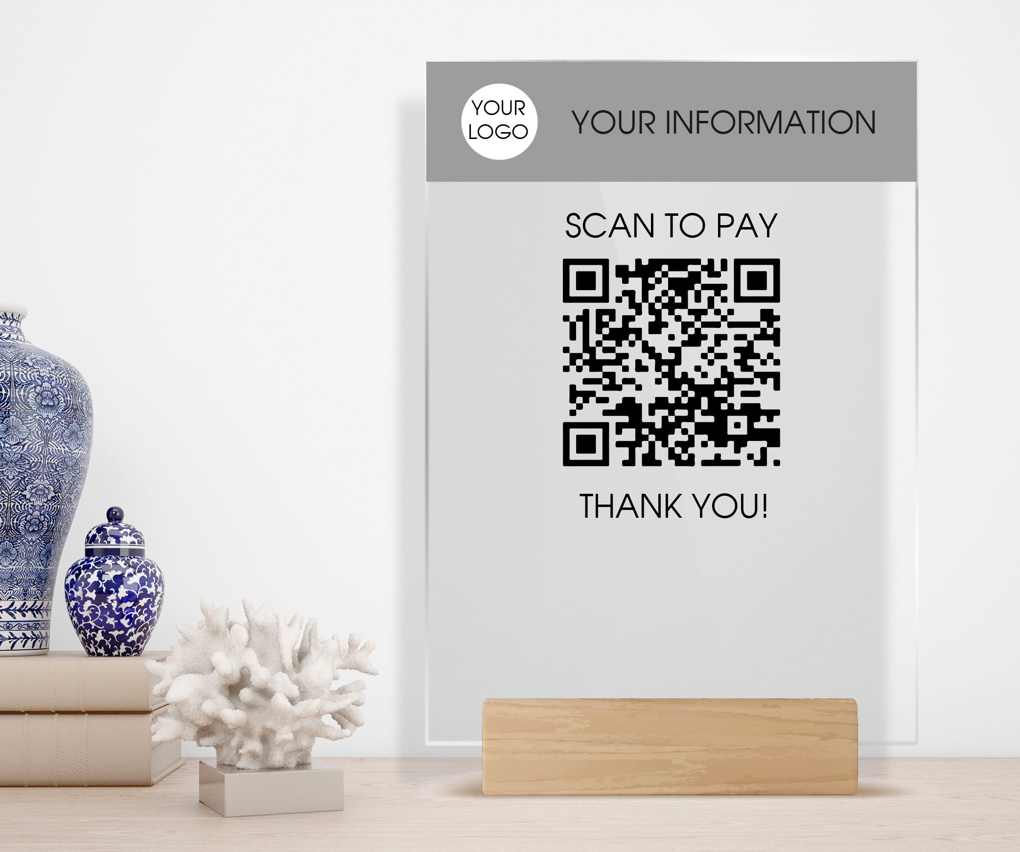 Scan to Pay Sign, QR Code Acrylic Sign With Wooden Block, Custom Signs ...