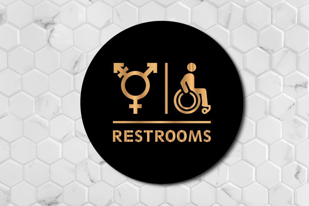Round WC Sign Modern Black Gold Acrylic Restroom Sign for Doors Indoor ...
