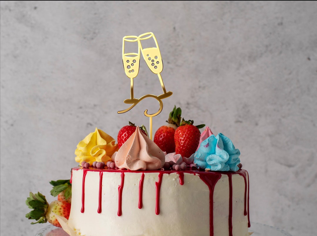 Cake Topper Champagne Gold Silver Custom Cake Decor Wedding Decoration ...
