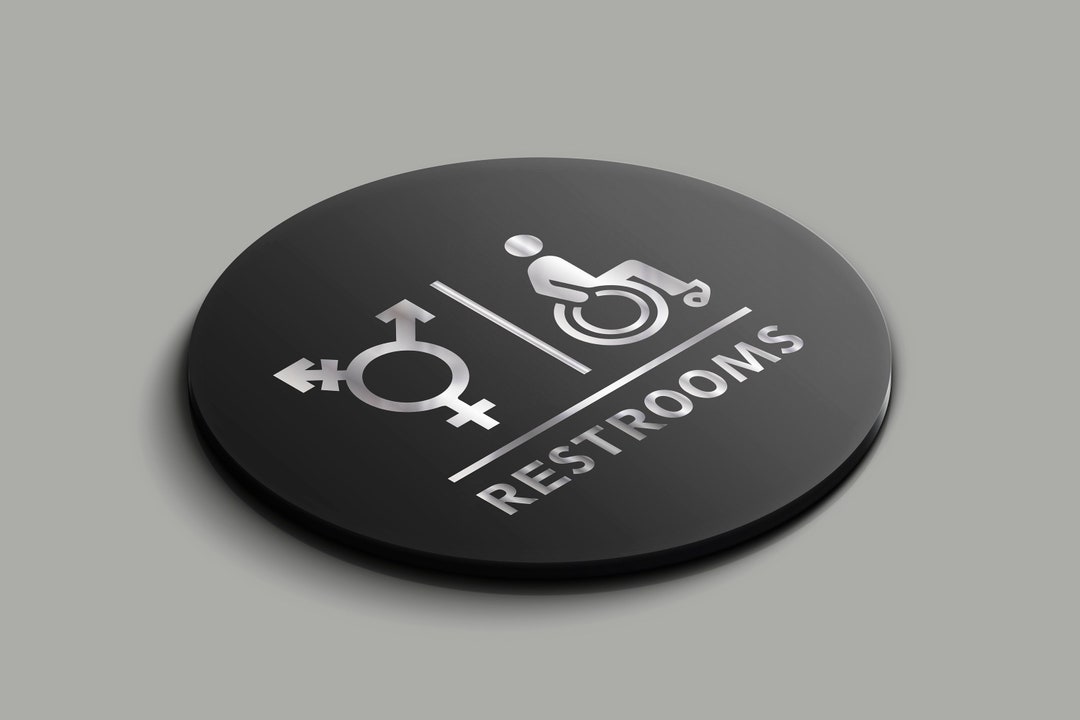 Round Unisex WC Sign Modern Black Silver Acrylic Restroom Sign for ...