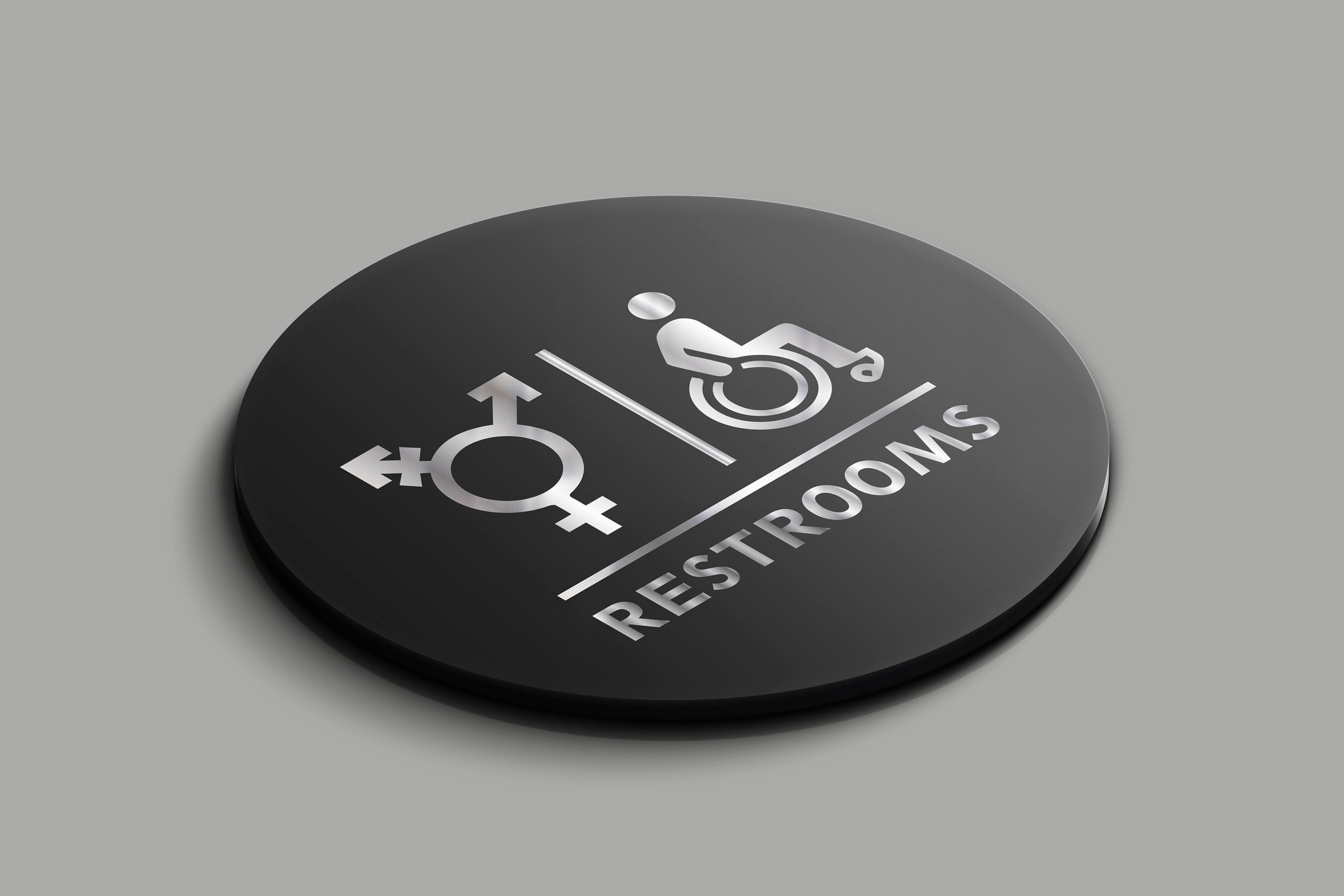 Round Unisex WC Sign Modern Black Silver Acrylic Restroom Sign for ...