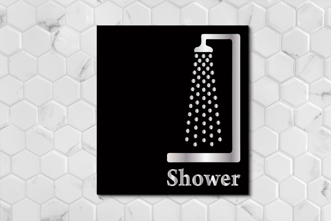 Shower Acrylic Sign Black and Metal Silver Modern Bath Sign for Doors ...