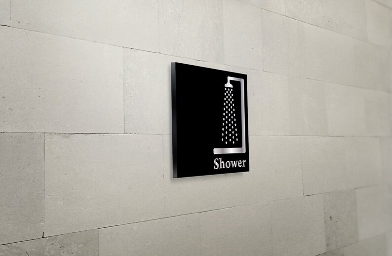 Shower Acrylic Sign Black and Metal Silver Modern Bath Sign for Doors ...