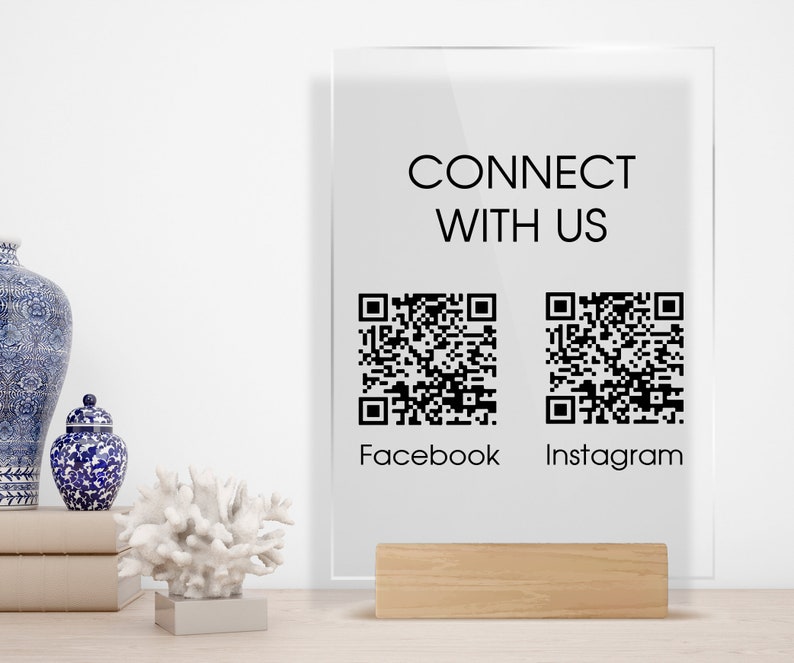 Connect With Us Sign, QR Code Social Media Acrylic Sign With Wooden ...