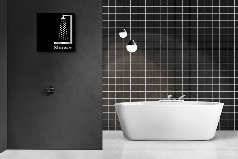 Shower Acrylic Sign Black and Metal Silver Modern Bath Sign for Doors ...