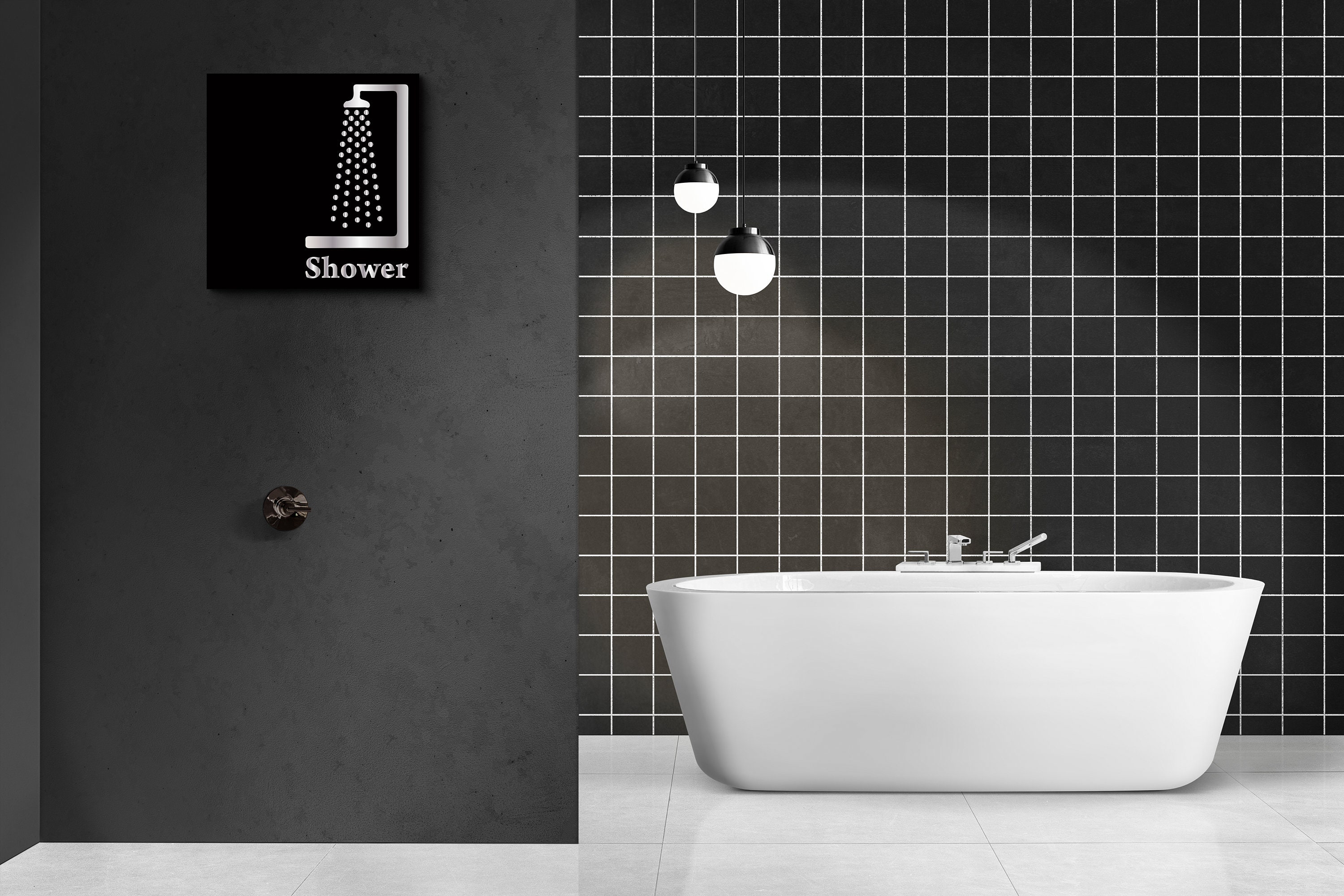 Shower Acrylic Sign Black and Metal Silver Modern Bath Sign for Doors ...